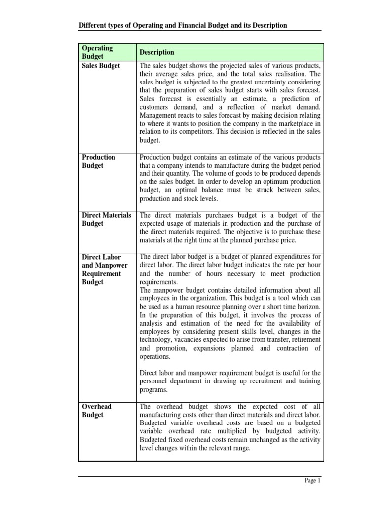 Operating and Financial Budget and Its Description | PDF | Labour ...