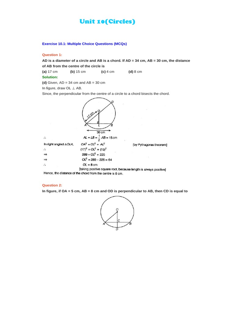 Unit 10 (Circles) : Exercise 10.1: Multiple Choice Questions (MCQS) | PDF | Circle | Triangle