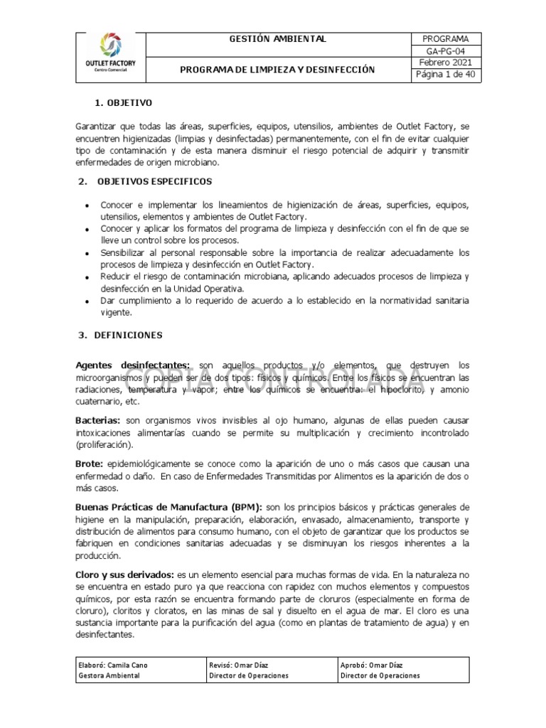 Ga-Pg-04 - Programa Limpieza y Desinfección | PDF | Detergente | Agua