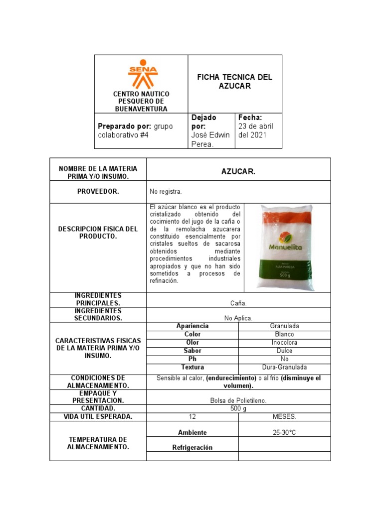 Ficha Tecnica Del Azucar | PDF | Azúcar | Dieta y nutrición