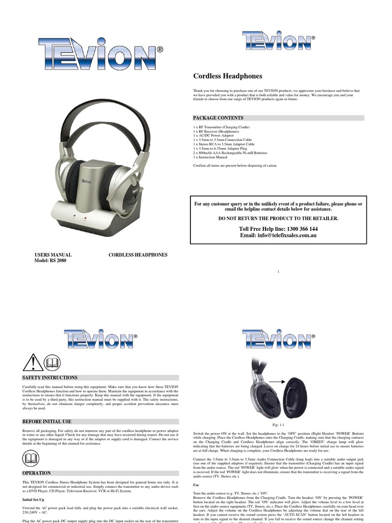 Tevion Cordless Headphones Instruction Manual | Headphones | Ac Power ...