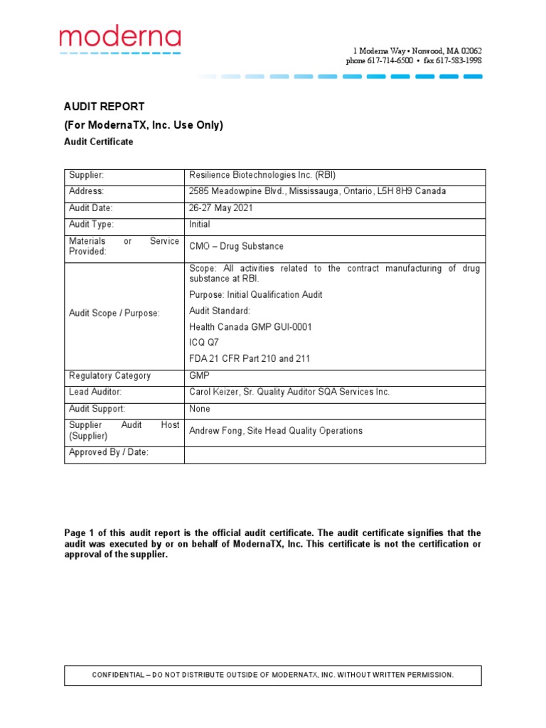 Audit Report (For Modernatx, Inc. Use Only) | PDF | Verification And ...