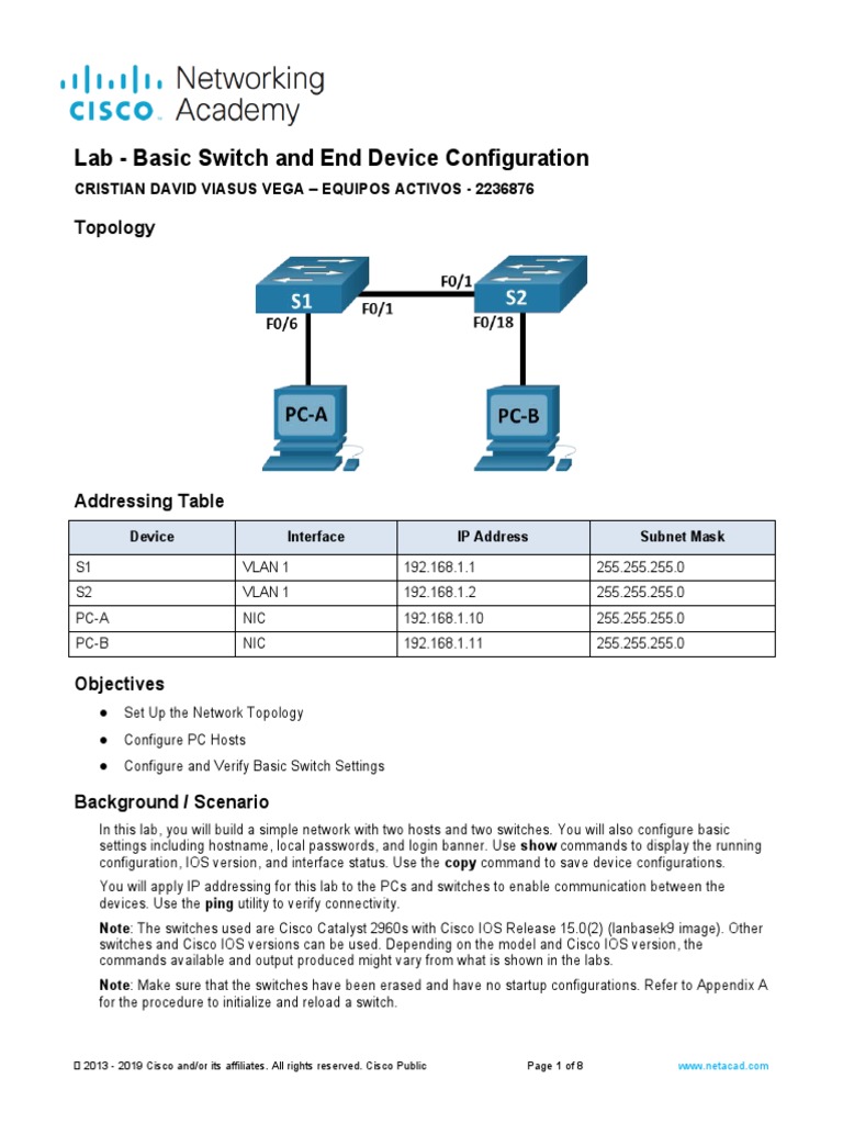 2.9.2 Lab - Basic Switch and End Device Configuration | PDF | Network Switch | Network Topology