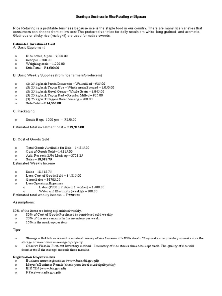 Starting A Business in Rice Retailing or Bigasan | PDF