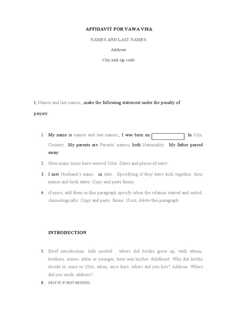 Affidavit For Vawa Visa: Names and Last Names Address City and Zip Code ...