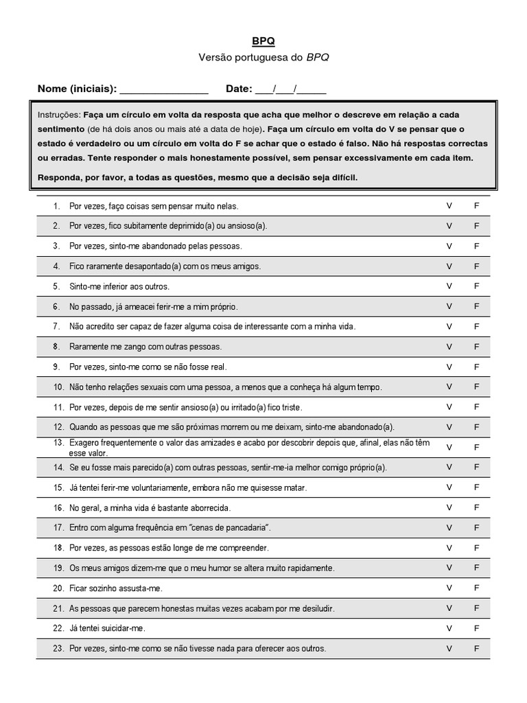 BPQ: Autoavaliação de sintomas psiquiátricos | PDF | Transtorno de ...