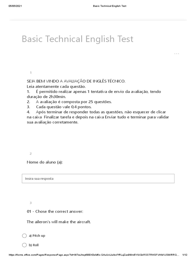 Basic Technical English Assessment | PDF | Airplane | Landing Gear
