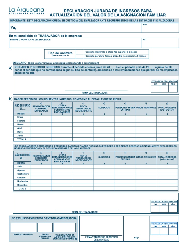 Declaración Jurada de Ingresos para Actualización Asignación Familiar | PDF