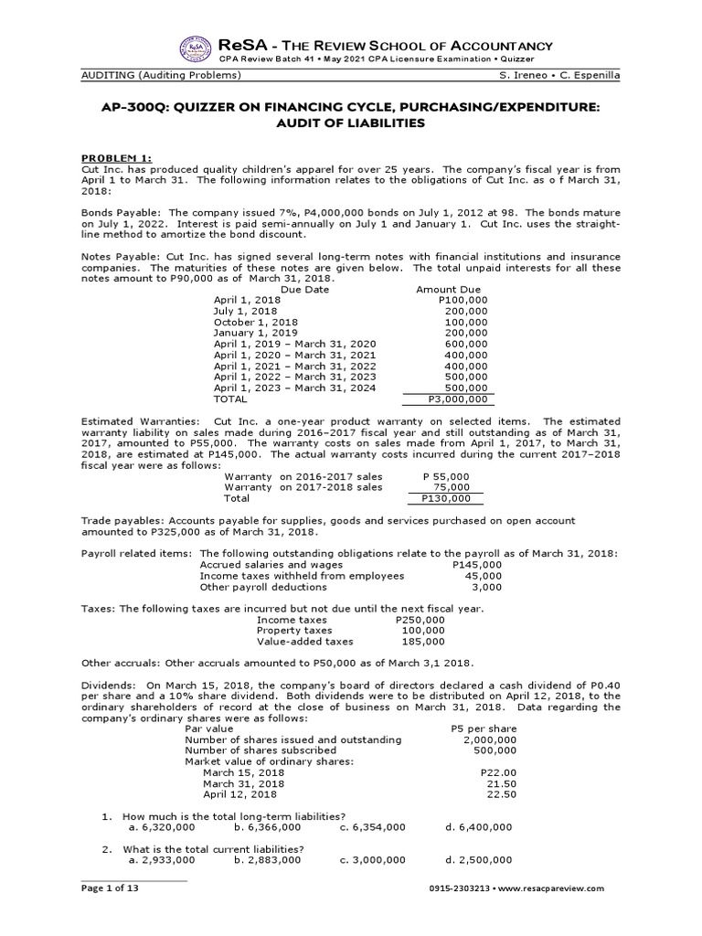 AP 300Q Quizzer On Audit of Liabilities Resa | PDF | Bonds (Finance ...