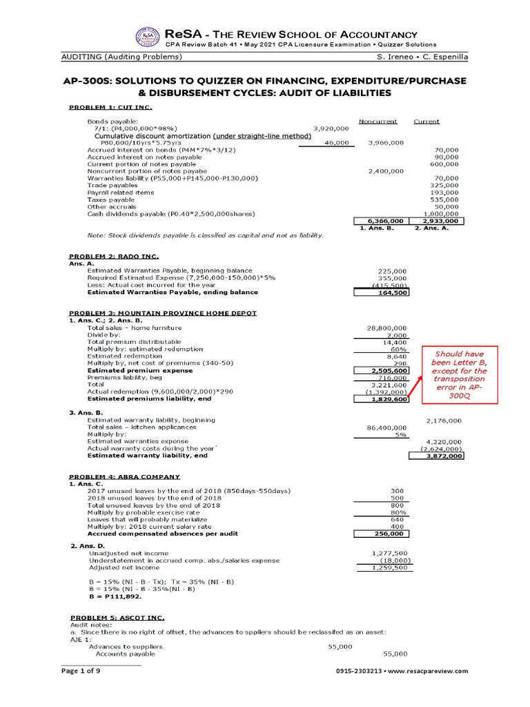 Ap-300S: Solutions To Quizzer On Financing, Expenditure/Purchase ...