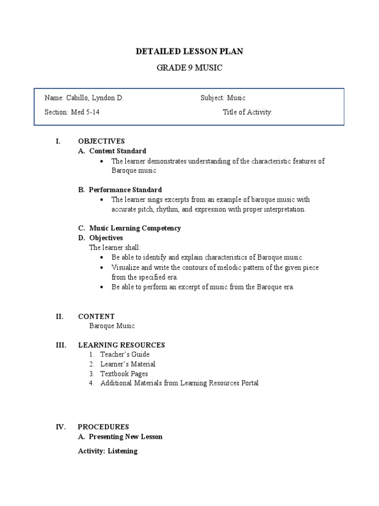 Detailed Lesson Plan: Grade 9 Music | PDF | Messiah (Handel) | Baroque ...