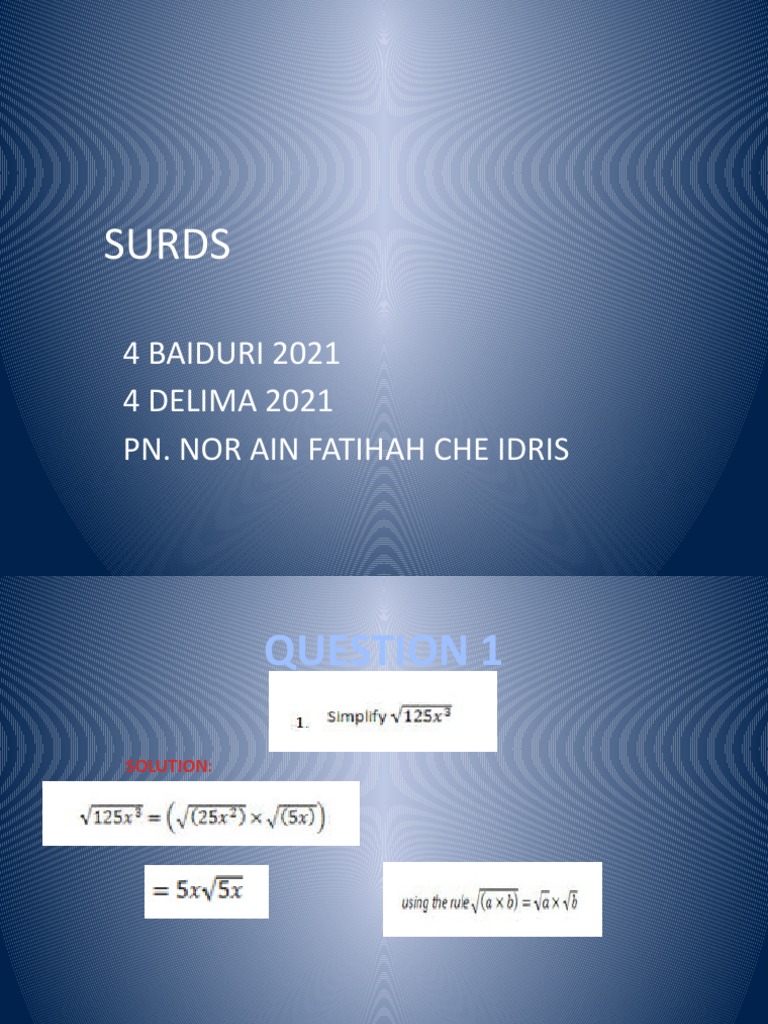 Surds: 4 BAIDURI 2021 4 DELIMA 2021 Pn. Nor Ain Fatihah Che Idris | PDF