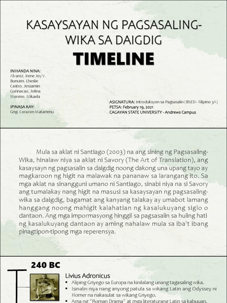 Timeline-Kasaysayan NG Pagsasaling-Wika Sa Daigdig. Pangkatang Gawain ...