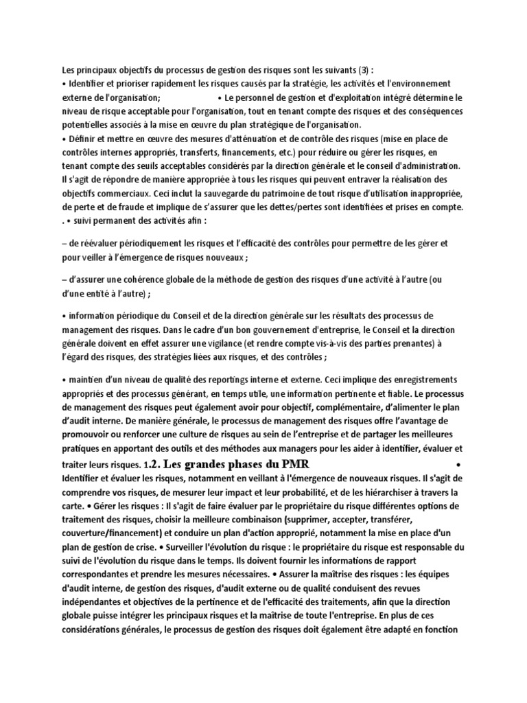 Les Principaux Objectifs Du Processus de Gestion Des Risques Sont Les ...