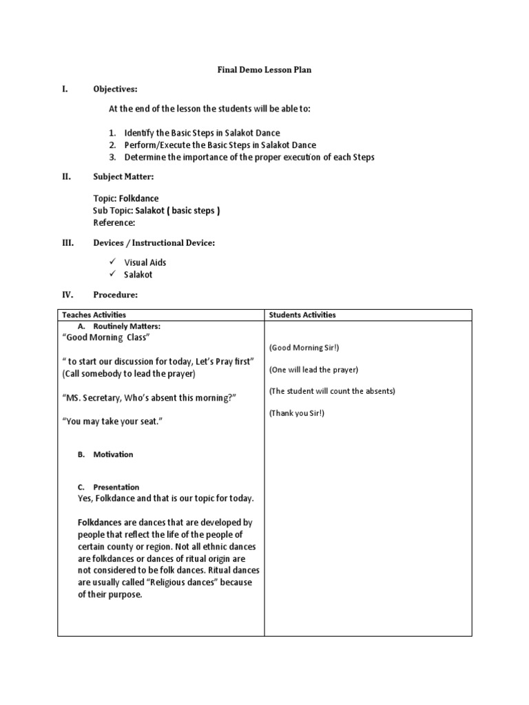 Final Demo Lesson Plan I. Objectives:: Folkdances Are Dances That Are ...