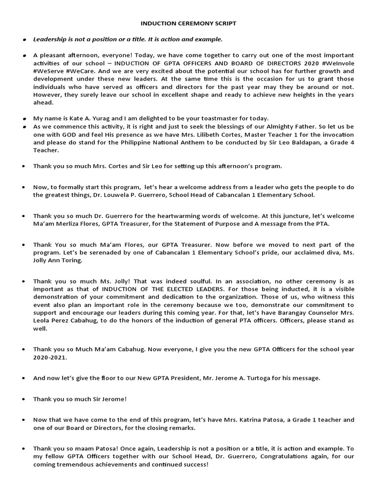 Induction Ceremony Script | PDF
