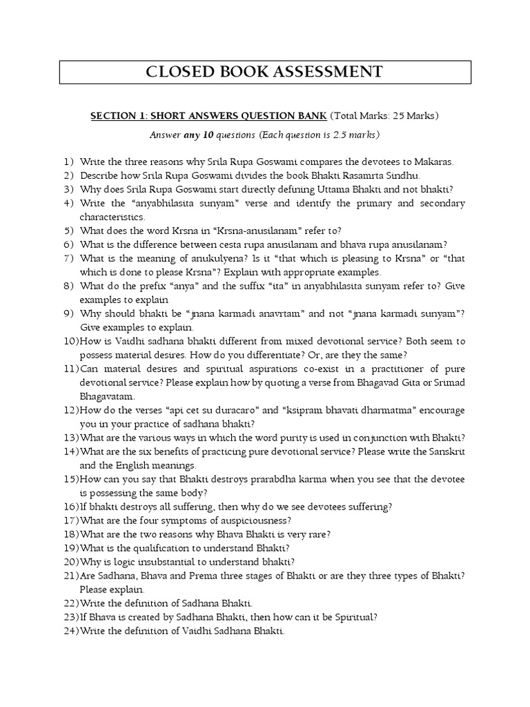 Closed Book Assessment: Section 1: Short Answers Question Bank (Total ...