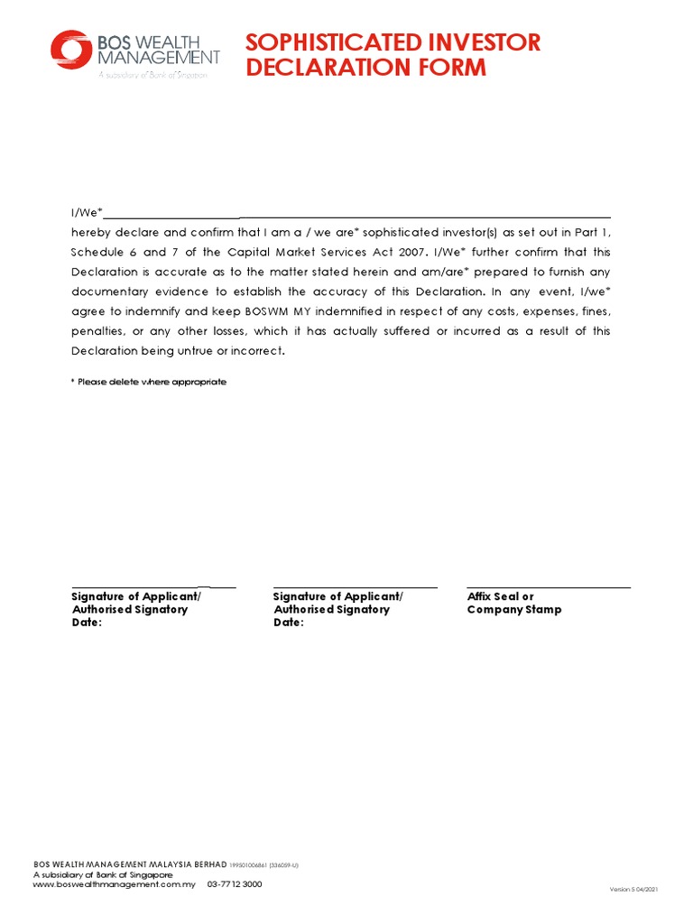 Sophisticated Investor Declaration Form | PDF | Securities (Finance ...