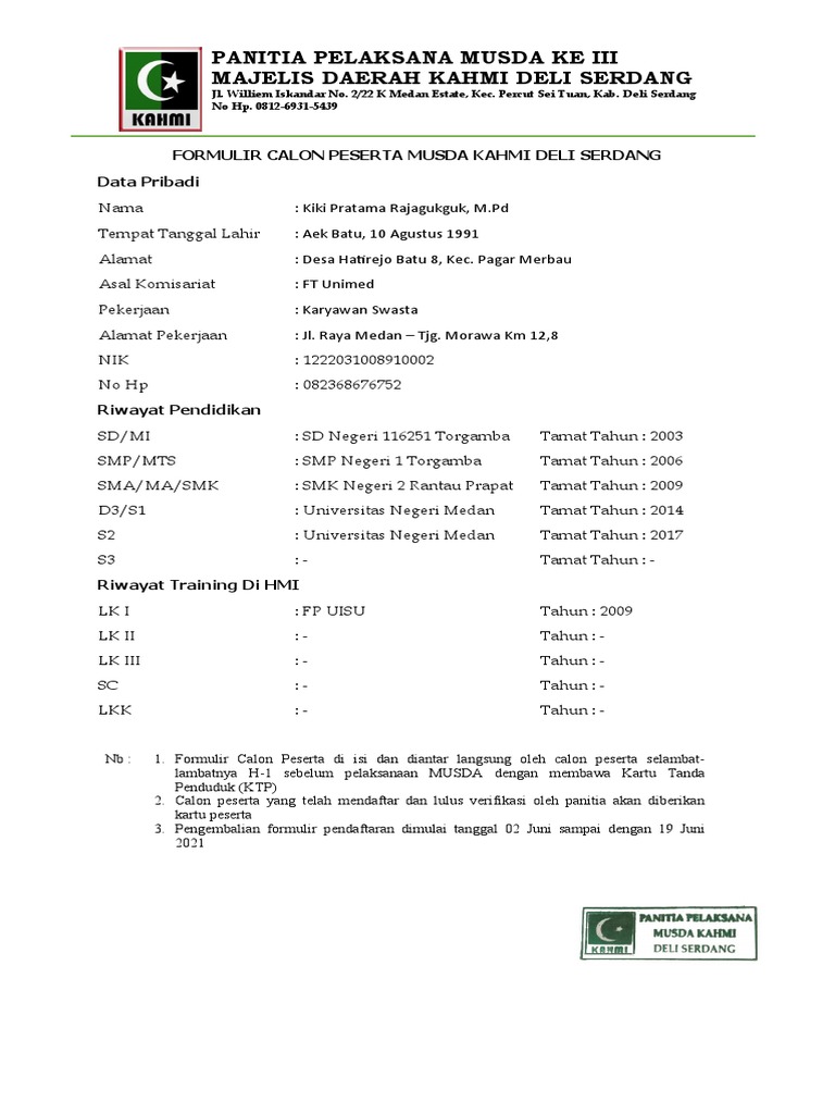 Formulir Pendaftaran Peserta Musda Kahmi Deli Serdang-1 | PDF Formulir Pendaftaran Peserta Musda Kahmi Deli Serdang-1 | PDF