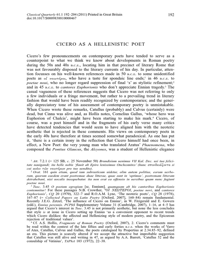 Cicero As A Hellenistic Poet | PDF | Poetry