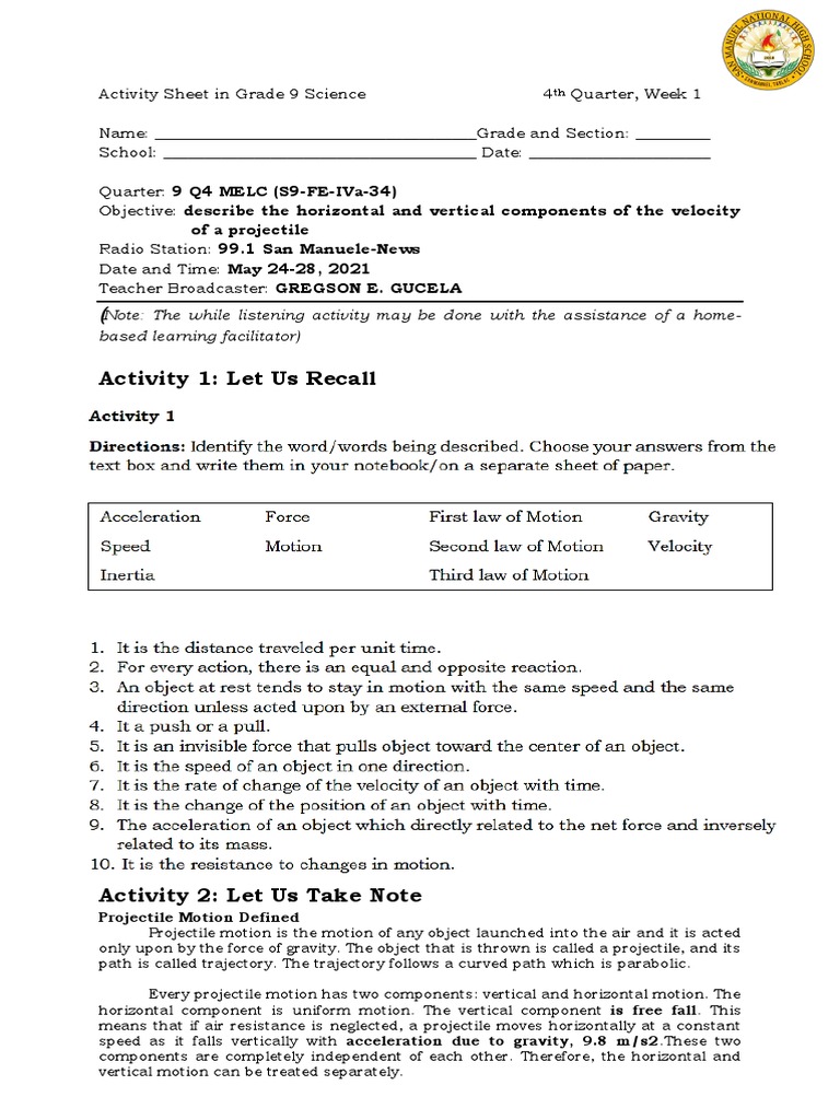 LAS Week 1-4 Science 9 | PDF | Projectiles | Acceleration