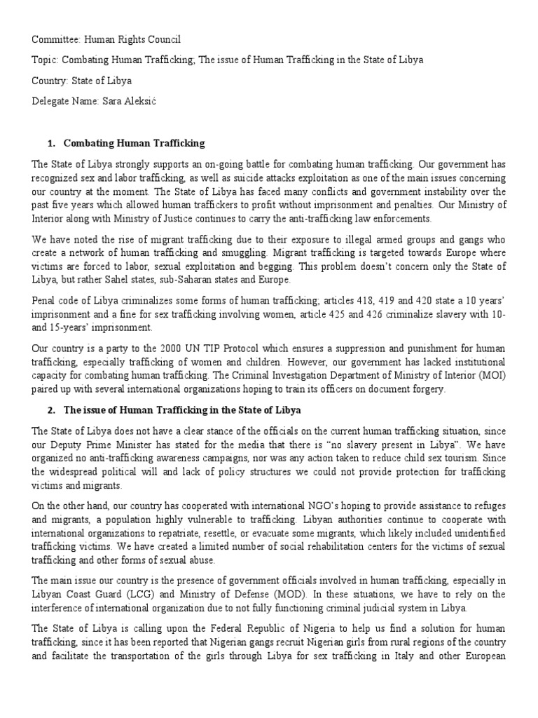 Position Paper-State of Libya | PDF | Human Trafficking | Crime & Violence