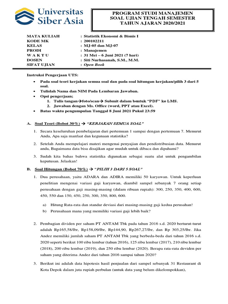 Uts Statistik Ekonomi Dan Bisnis I (MJ-05 & MJ-07) | PDF