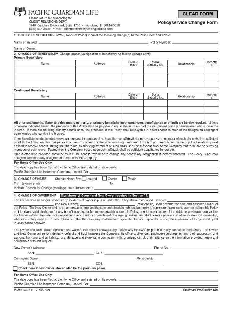 Pacific Guardian Life Policy Change Form | PDF | Loans | Interest