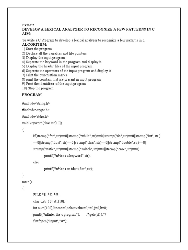 Ex - No:2 Develop A Lexical Analyzer To Recognize A Few Patterns in C ...