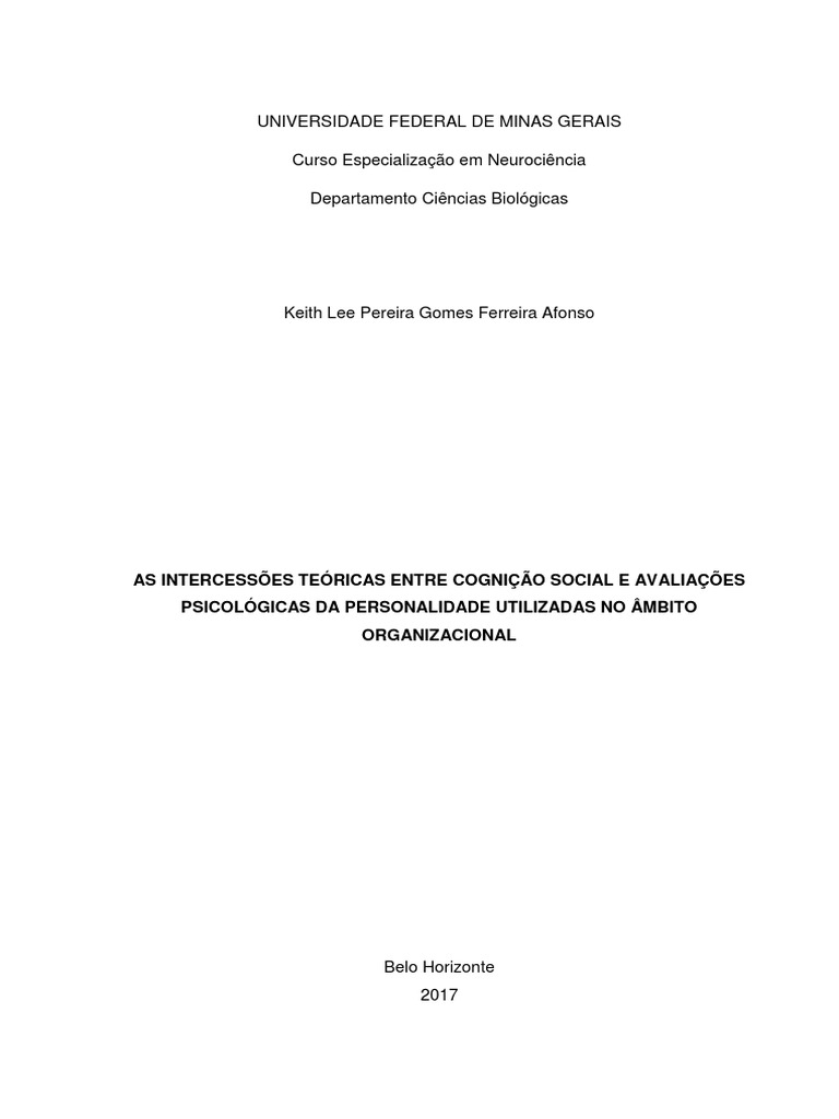TCC Pos Neurociencias Keith Lee Pereira Gomes F. Afonso | PDF | Psicologia | Pensamento