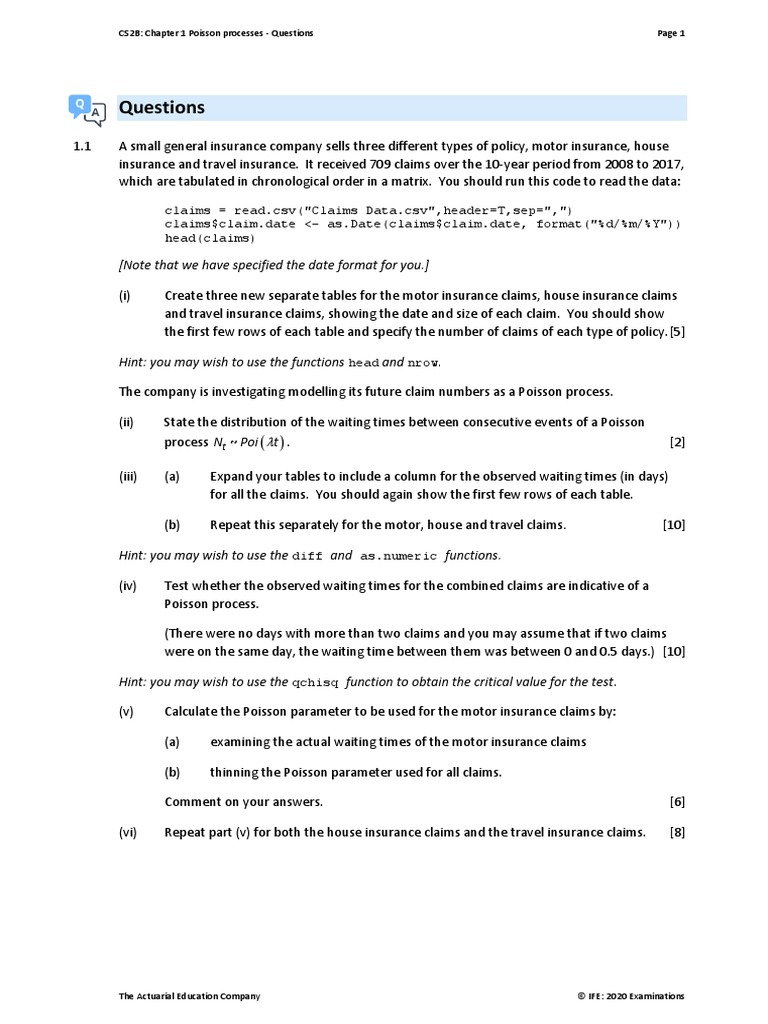 CS2 B Chapter 1 Poisson Processes - Questions | PDF | Poisson ...