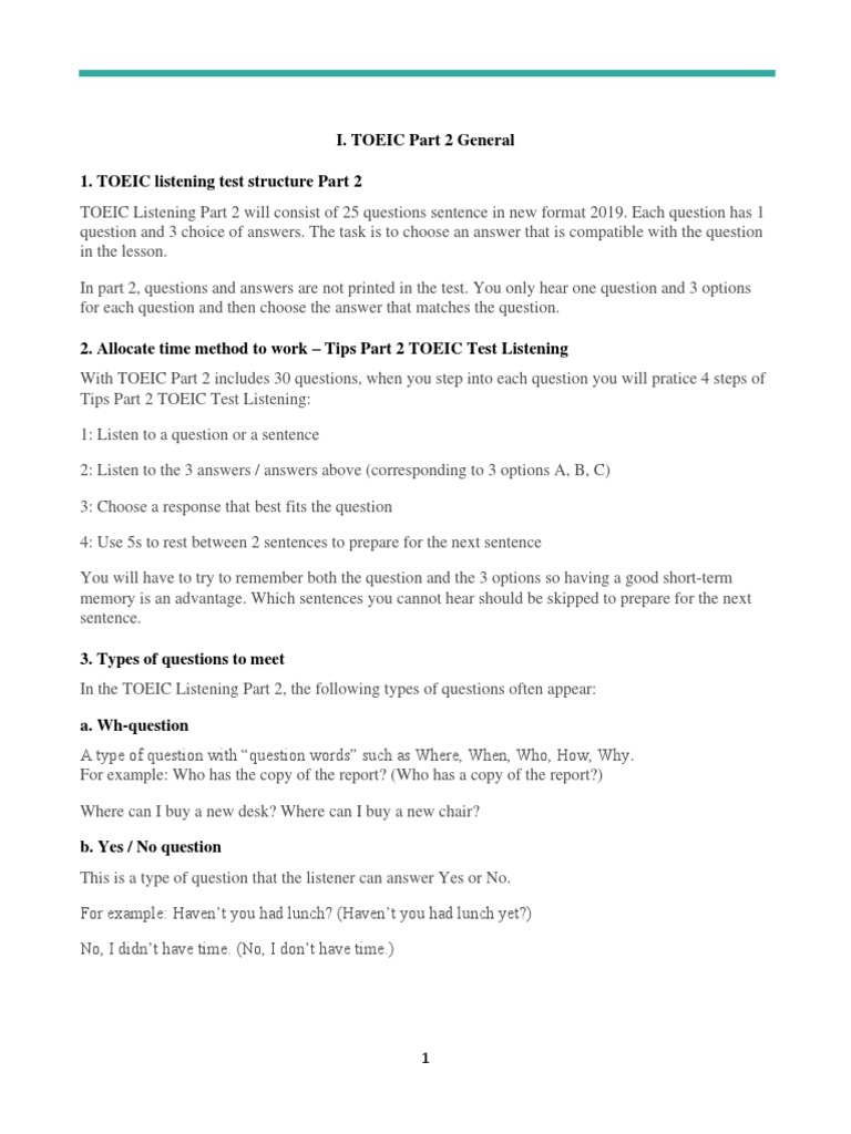 I. TOEIC Part 2 General 1. TOEIC Listening Test Structure Part 2 | PDF ...