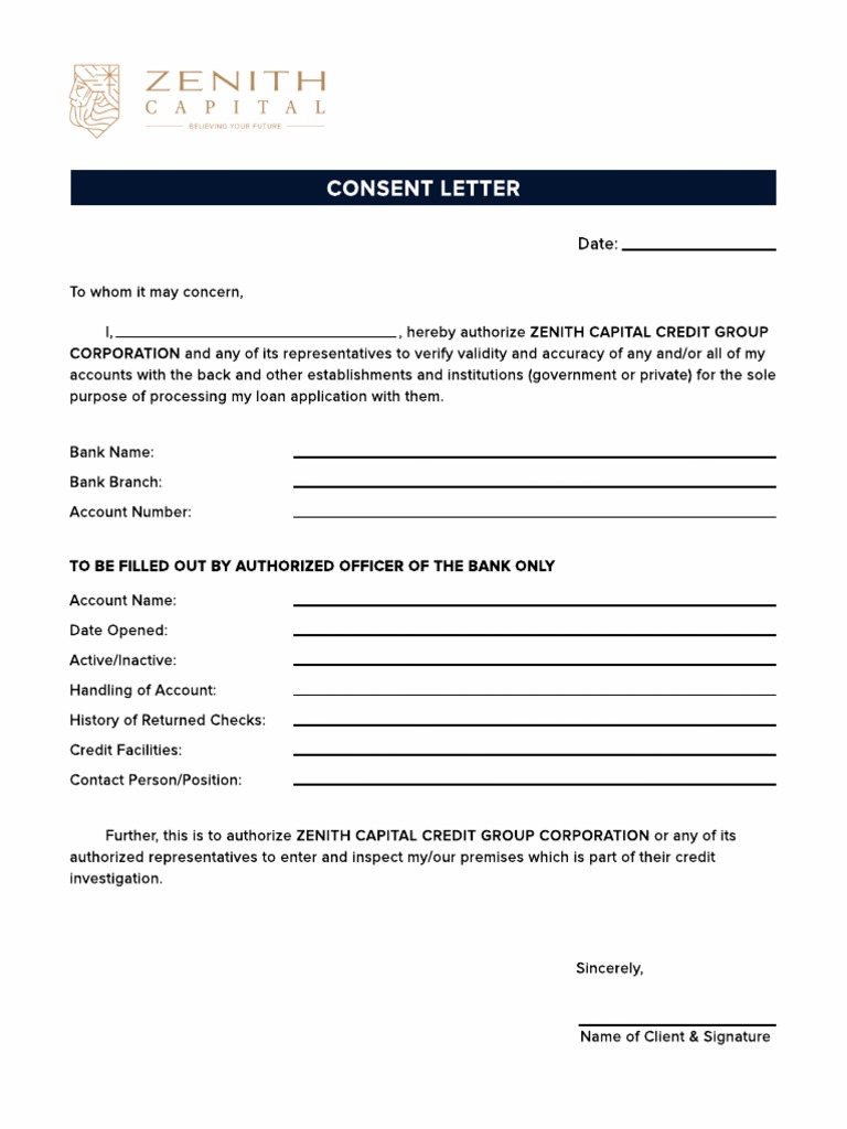 Consent Letter For Bank Verification | PDF