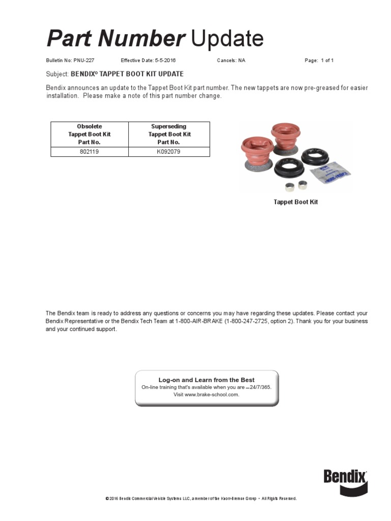 Part Number Update: Bendix Tappet Boot Kit Update | PDF