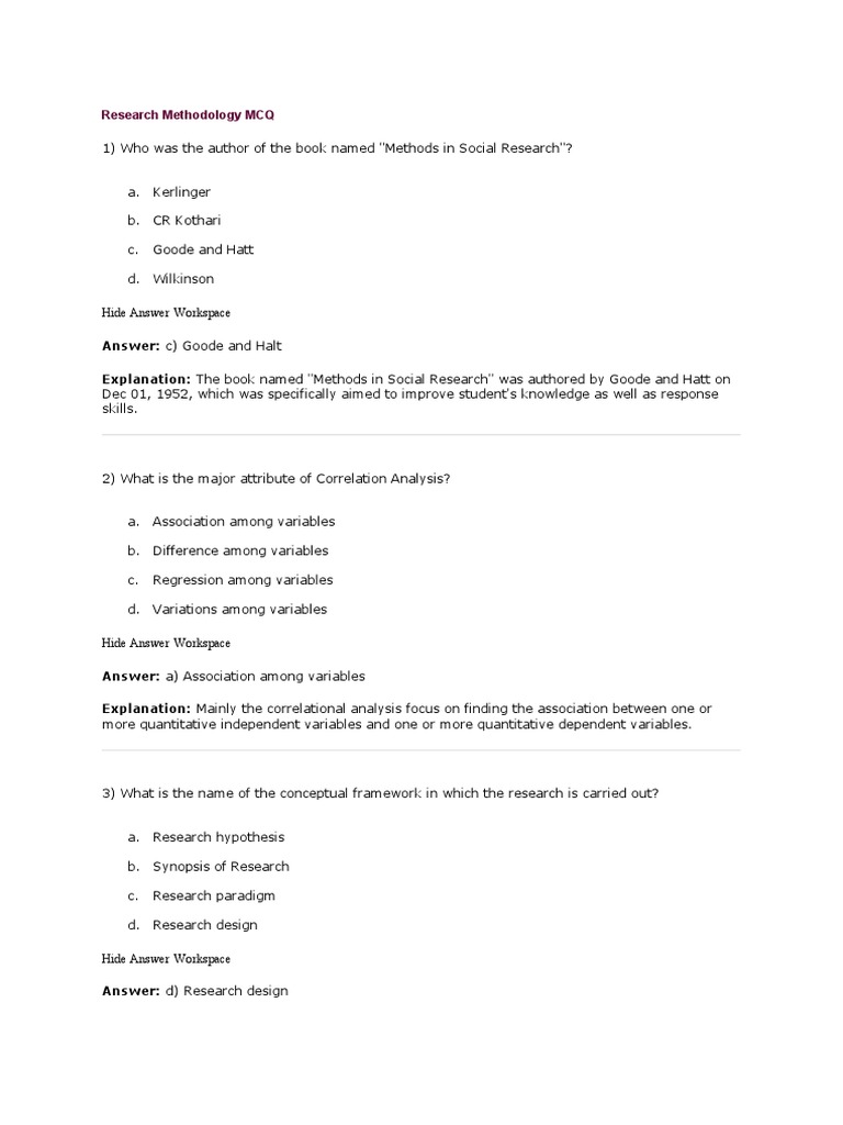 Research Methodology MCQ | PDF | Hypothesis | Sampling (Statistics)