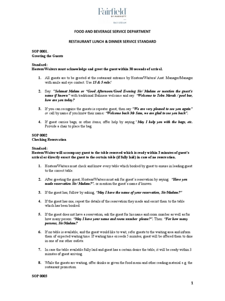Restaurant Service Sequence Standards | PDF | Waiting Staff | Tableware