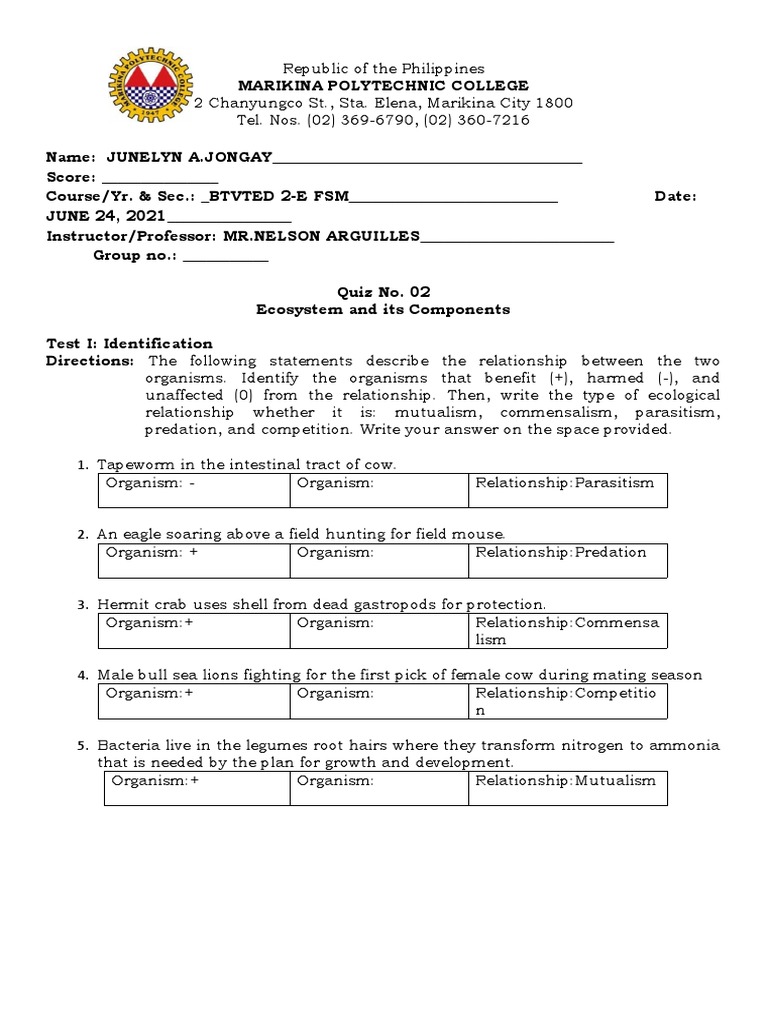Quiz 2 Ecosystem and Its Components JONGAY | PDF | Ecology | Fish