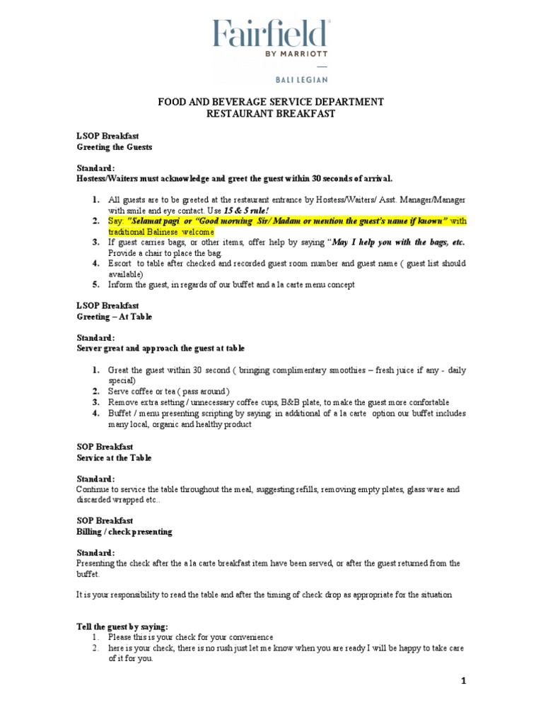 Restaurant Breakfast Service Standards | PDF