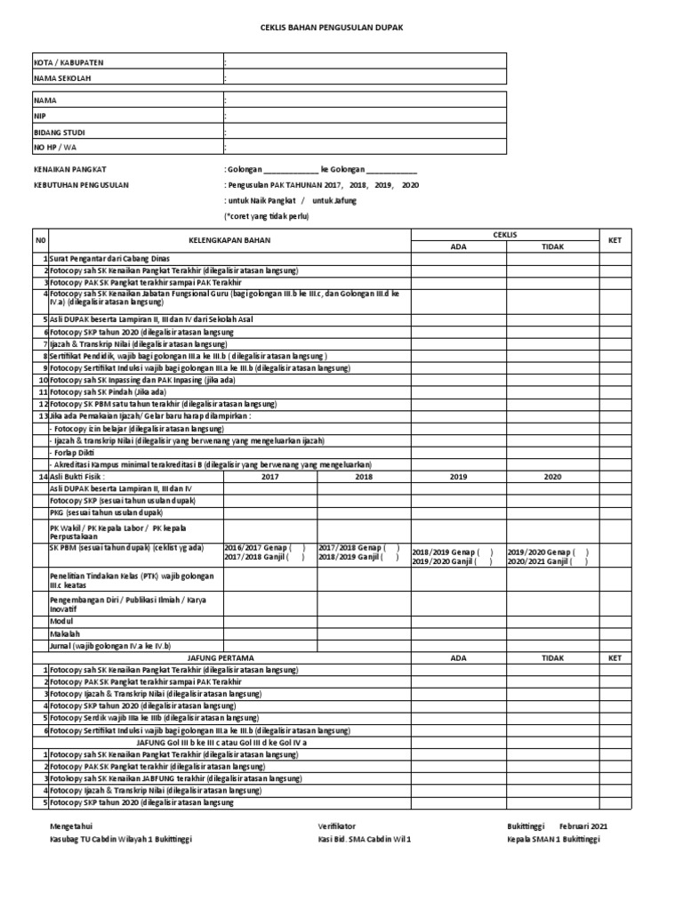 Bahan Ceklist Dupak 2021 | PDF
