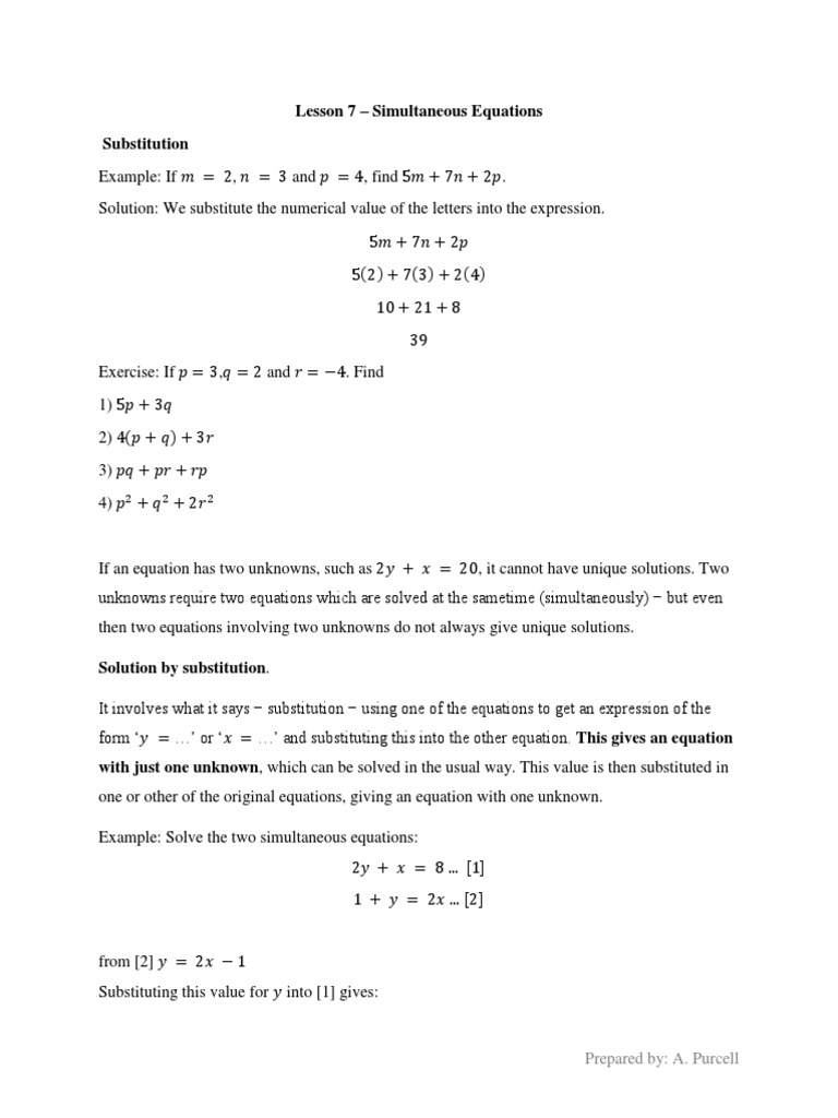 Lesson 7 - Simultaneous Equations | PDF | Equations | Analysis