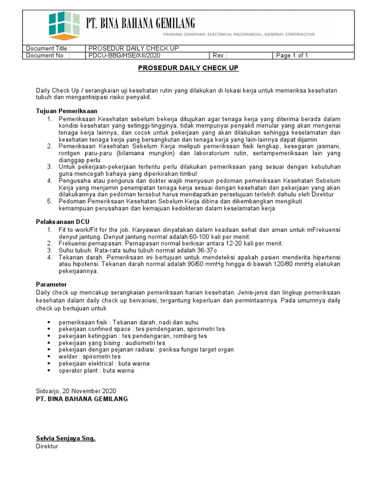 Prosedur Daily Check Up | PDF