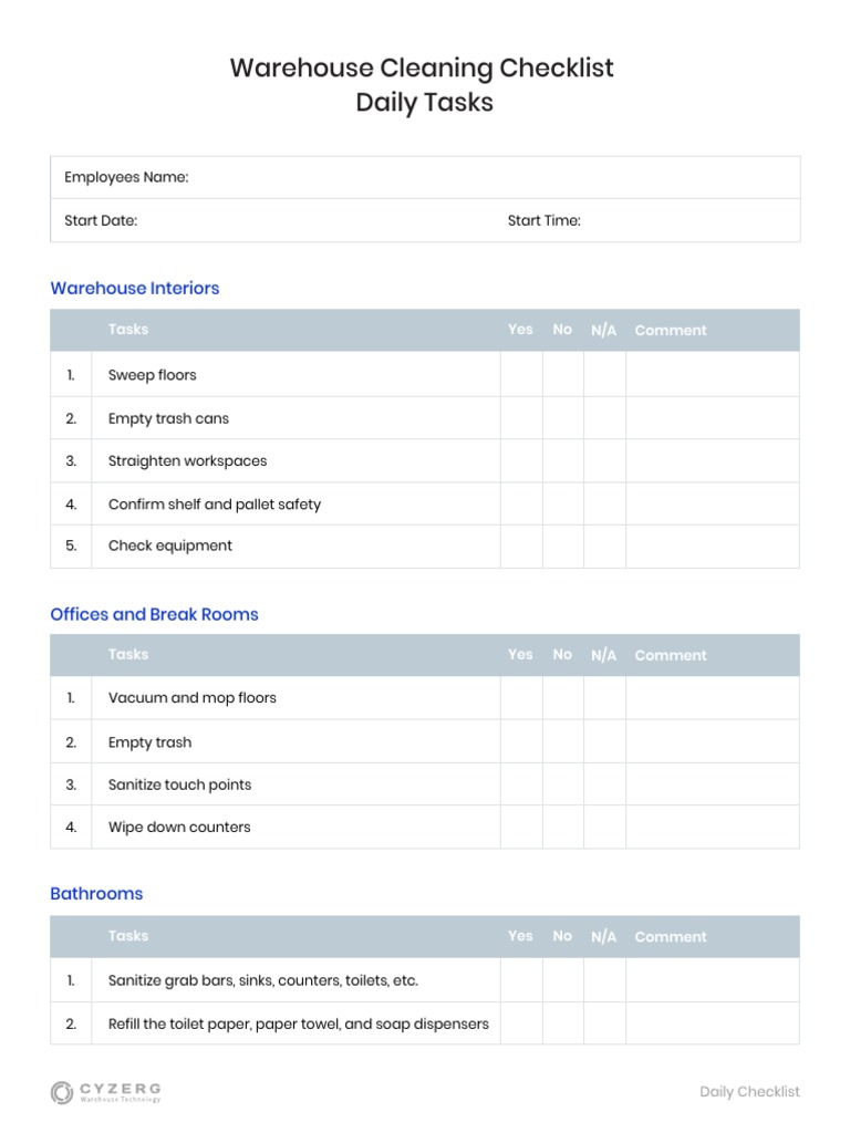 Warehouse Cleaning Checklist Daily Tasks | PDF | Bathroom | Warehouse