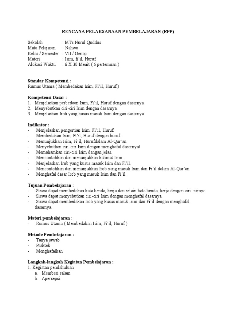 RPP Nahwu MTS Vii (Sugiyahfi) | PDF | Seni & Disiplin Bahasa