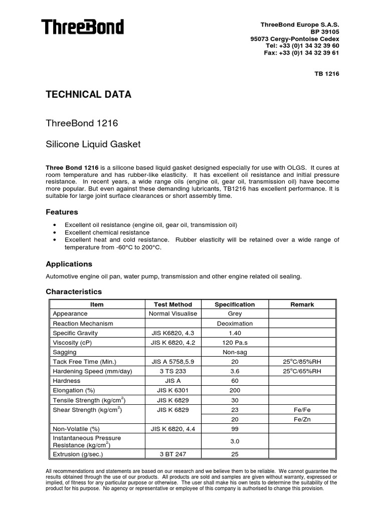 Technical Data: Threebond 1216 Silicone Liquid Gasket | Download Free PDF | Business
