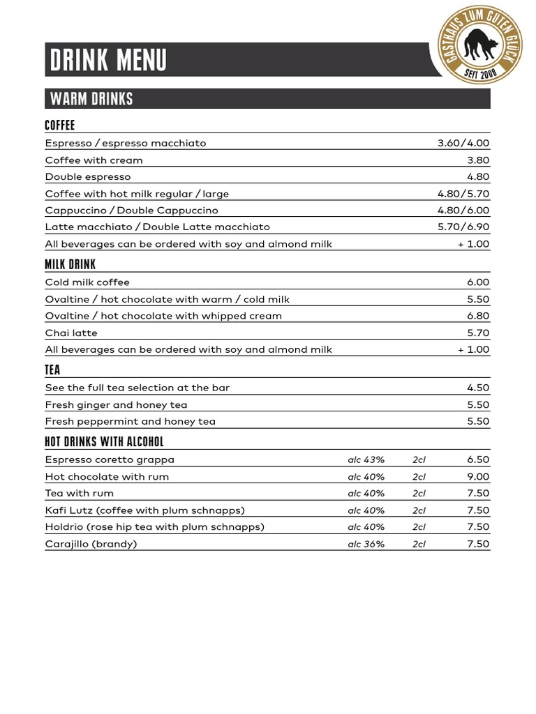 Drink Menu: Warm Drinks | PDF | Drink | Alcoholic Drinks