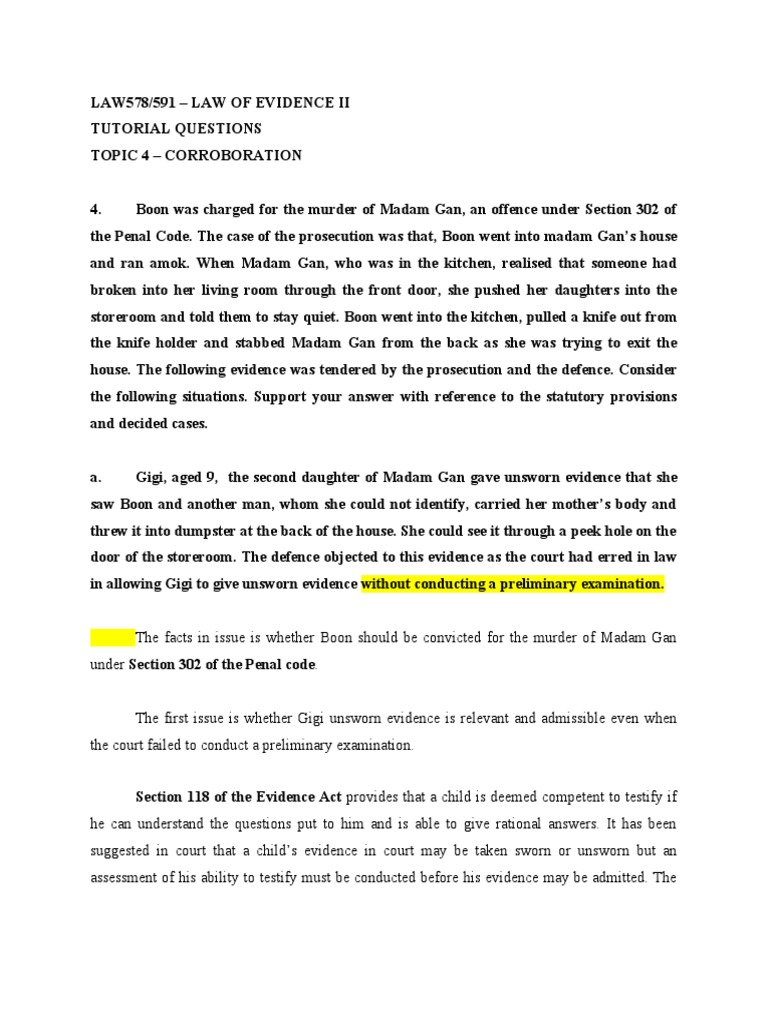 Evidence Tutorial Corroboration Question 4 | PDF | Hearsay | Witness