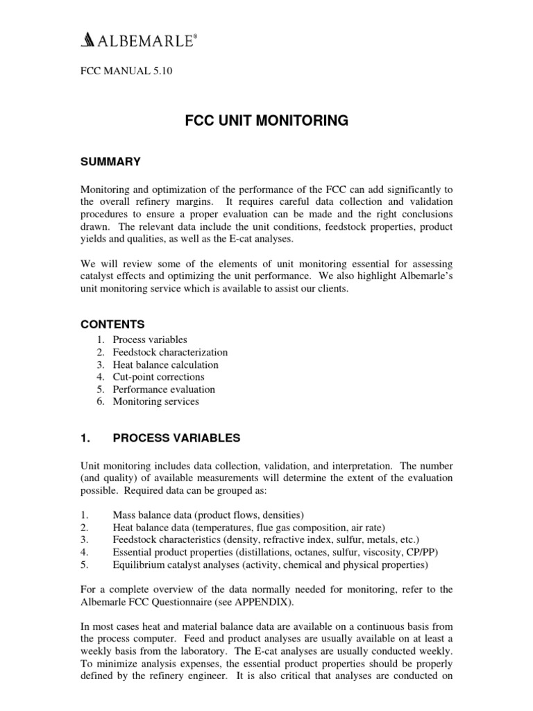 FCC MANUAL 5-FCC Unit Monitoring | Download Free PDF | Gasoline | Catalysis