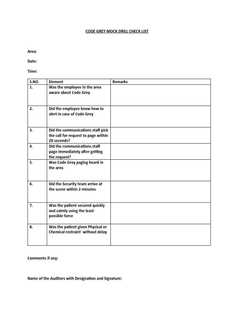 Code Grey Mock Drill Checklist | PDF | Computers