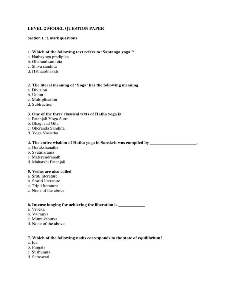 Yoga Level 2 Model Question Paper | PDF | Yoga | Asana