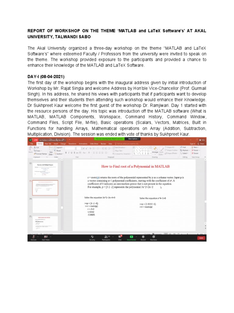 Workshop Report MATLAB and LaTex | PDF | Matlab | Computer Science